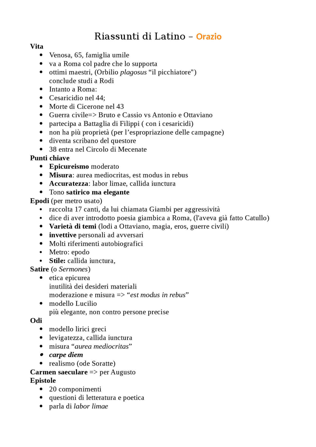 Riassunti Di Latino Orazio Docsity