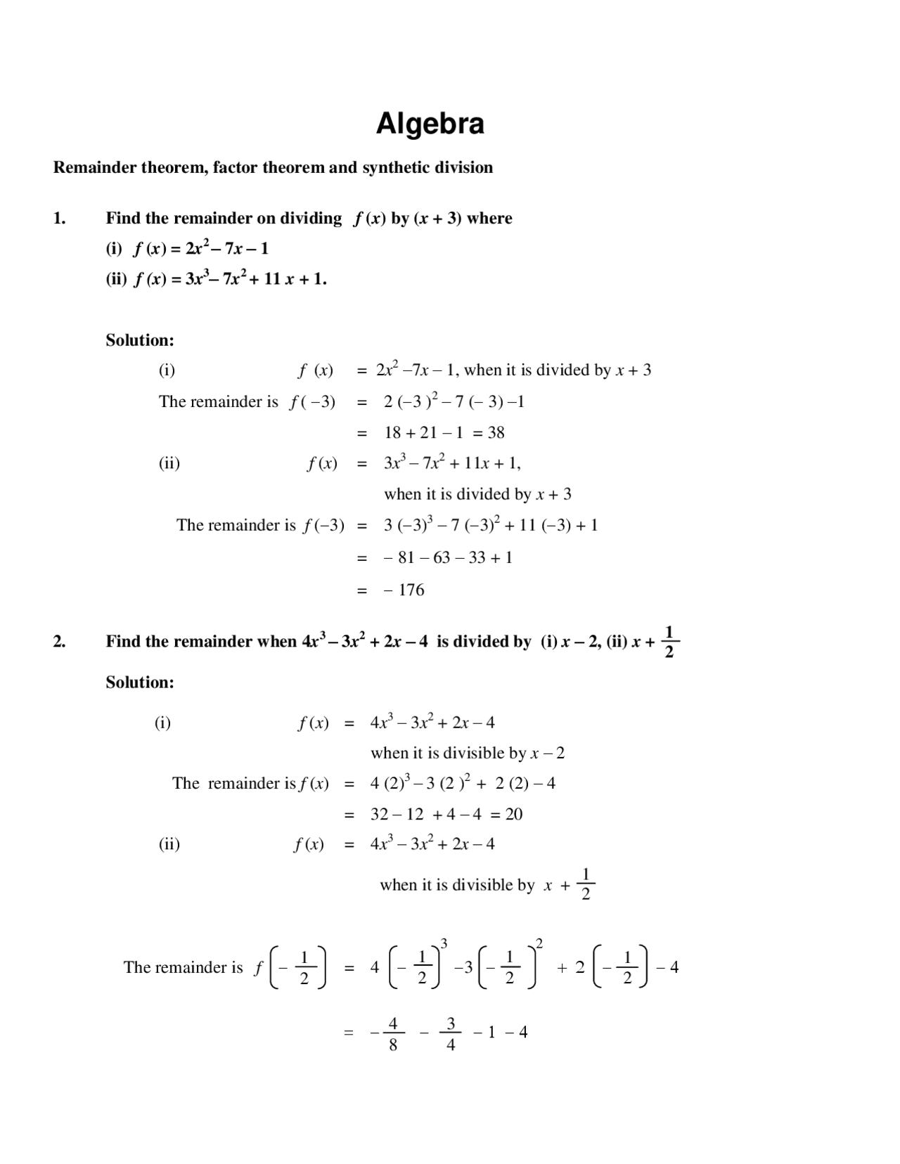 XM 5 - 3 Algebra _ Remainder theorem, factor theorem and synthetic ...