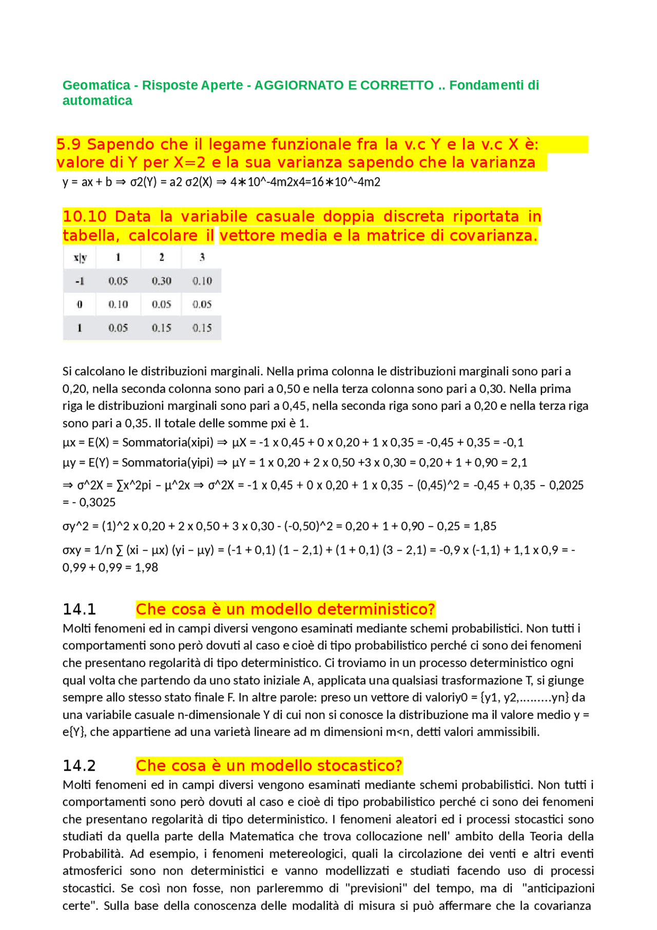 Geomatica - Risposte Aperte - AGGIORNATO E CORRETTO .. Fondamenti di automatica - Docsity