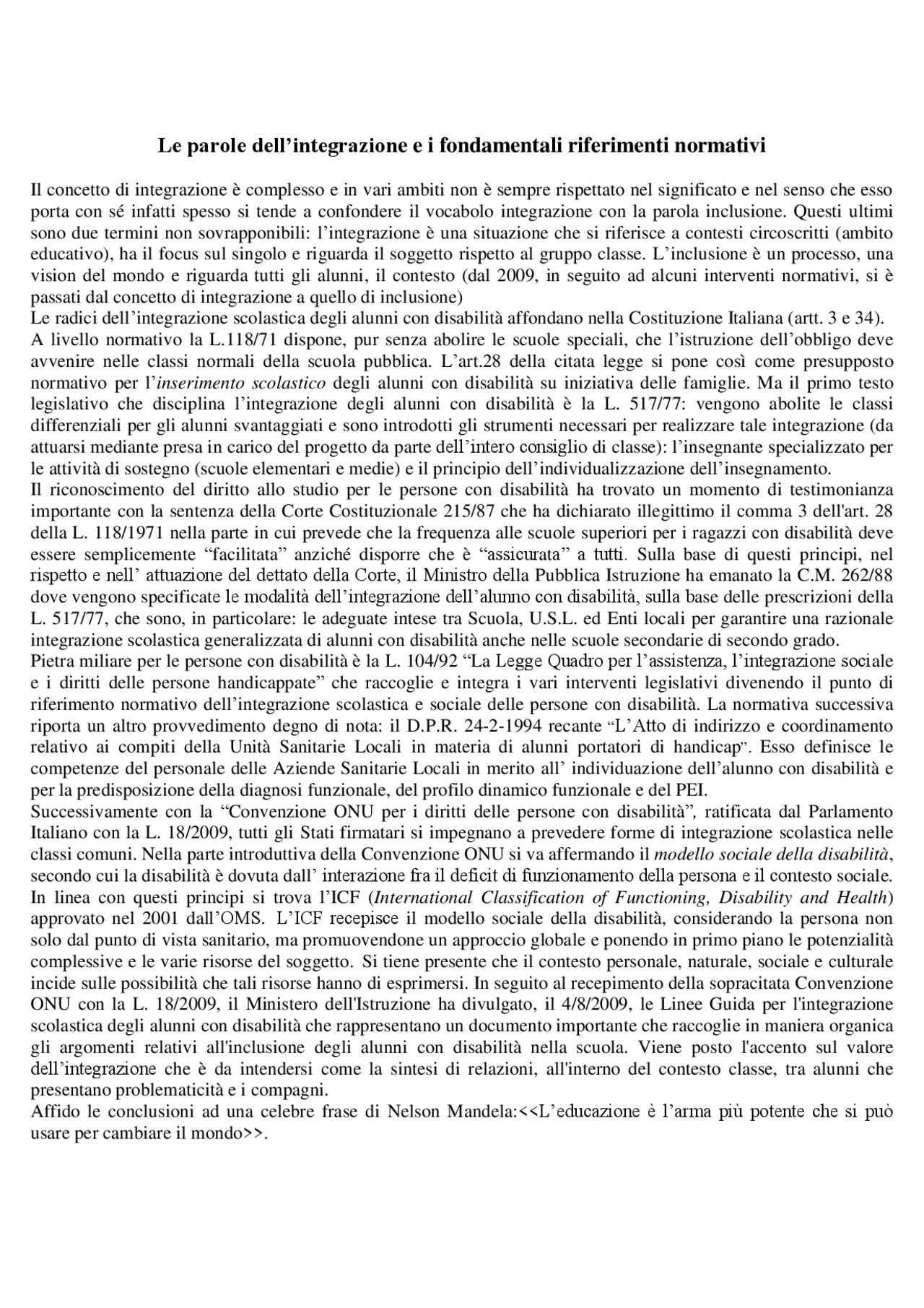 Sintesi Sullintegrazione Scolastica Docsity