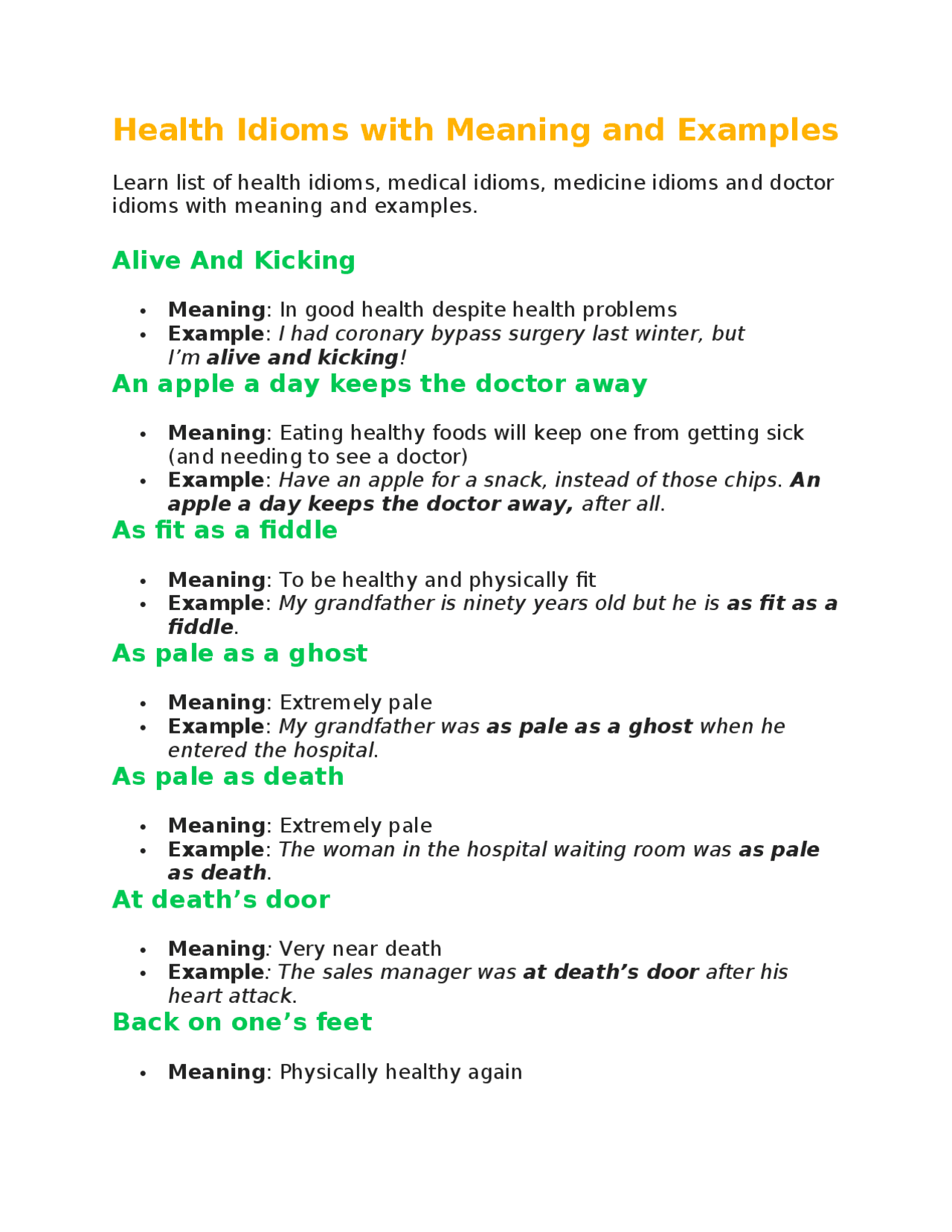 Health Idioms for business English - Docsity