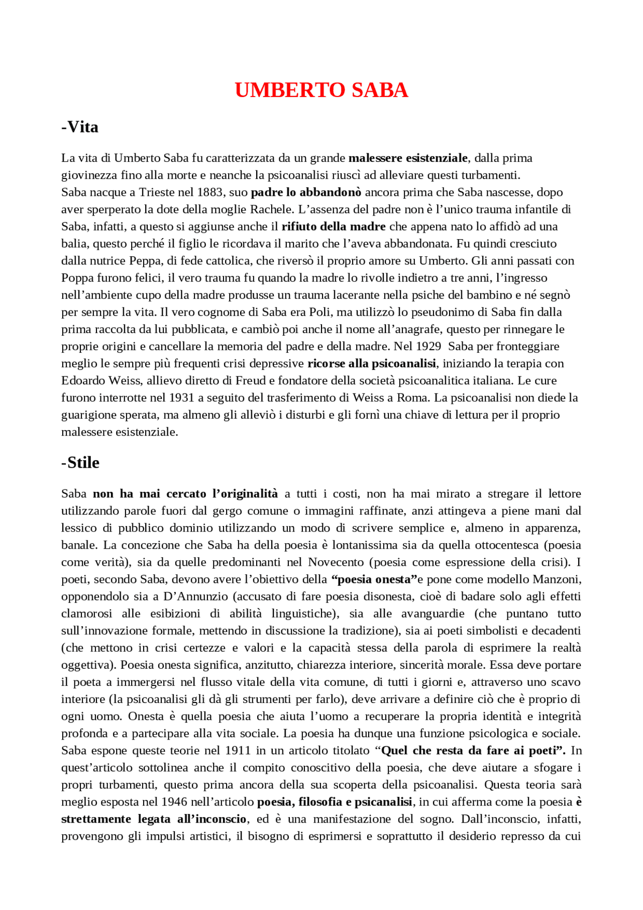Riassunto Di Vitaopere Di Saba Docsity