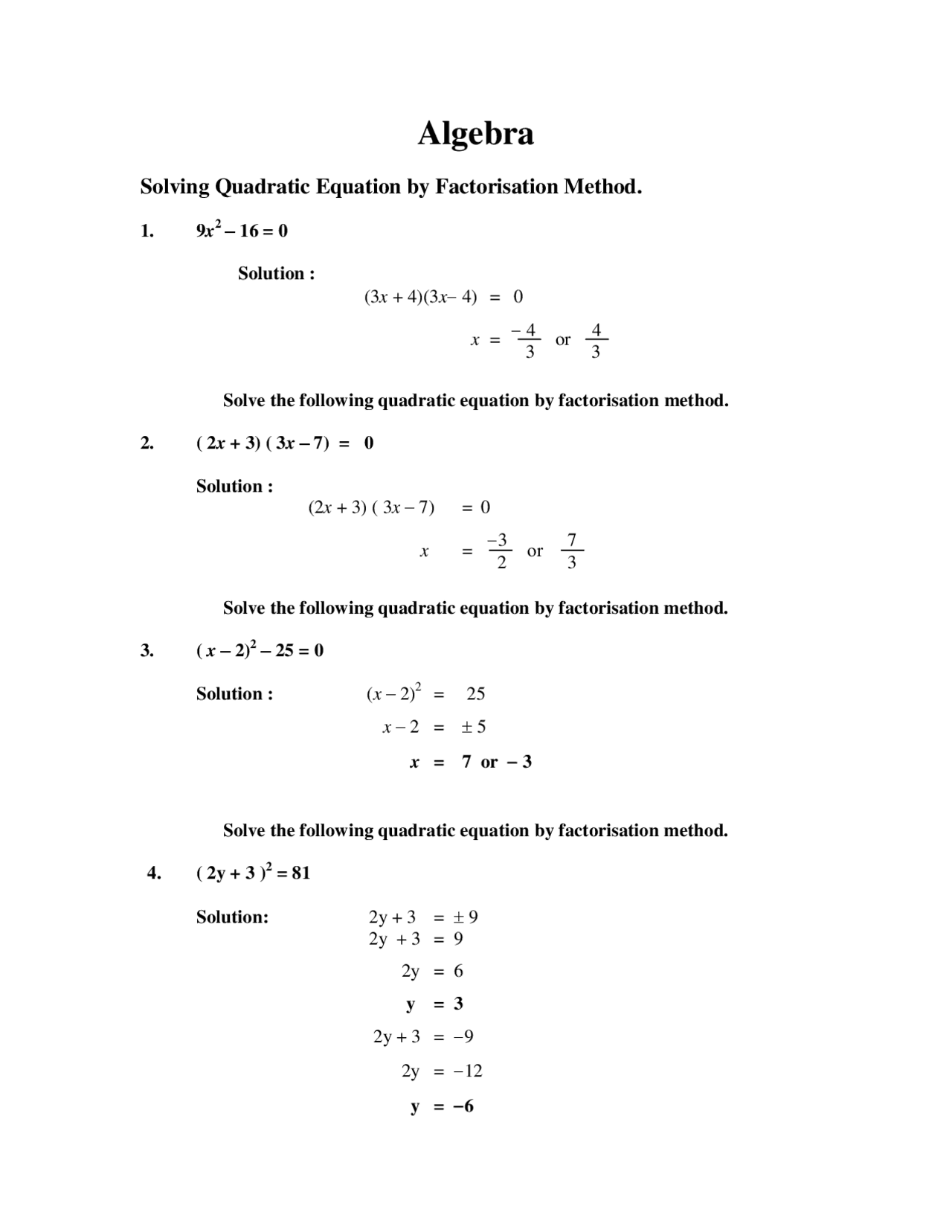 Algebra _ Solving Quadratic Equation by Factorisation Method - Docsity