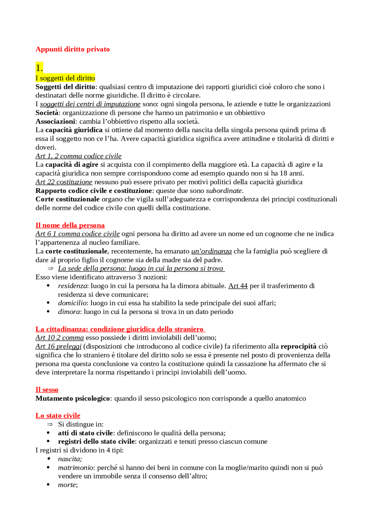 Diritto Privato I Soggetti Del Diritto Docsity