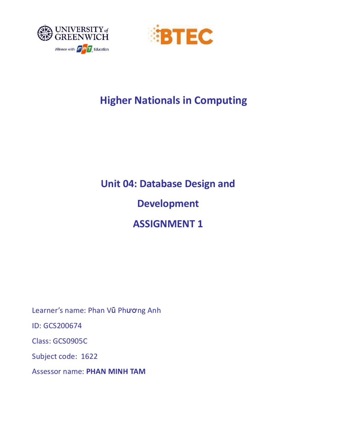 Database Design and Development (1622) - ASM 1 - PASS | Assignments Developmental Psychology ...