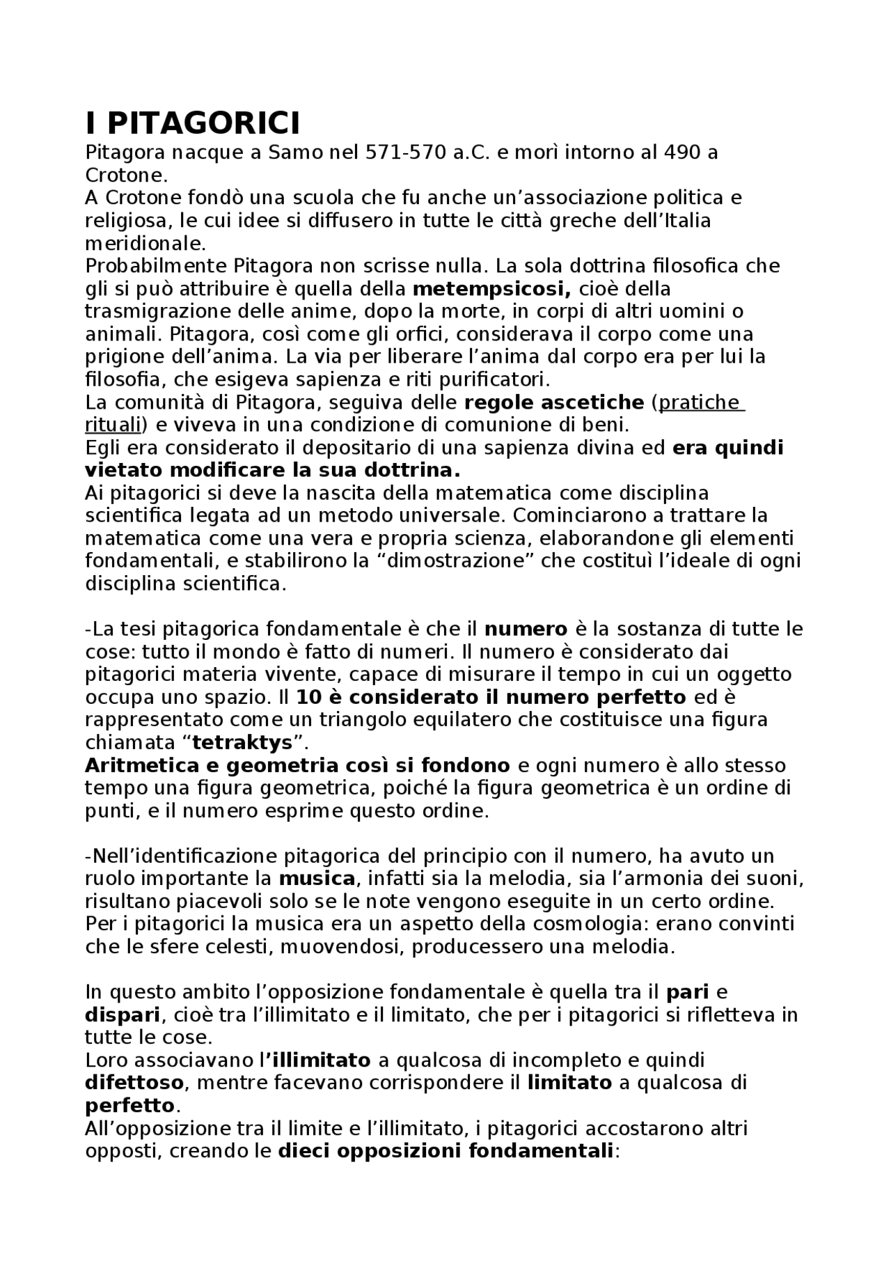 Pitagorici E Pitagorismo Appunti Di Filosofia Docsity