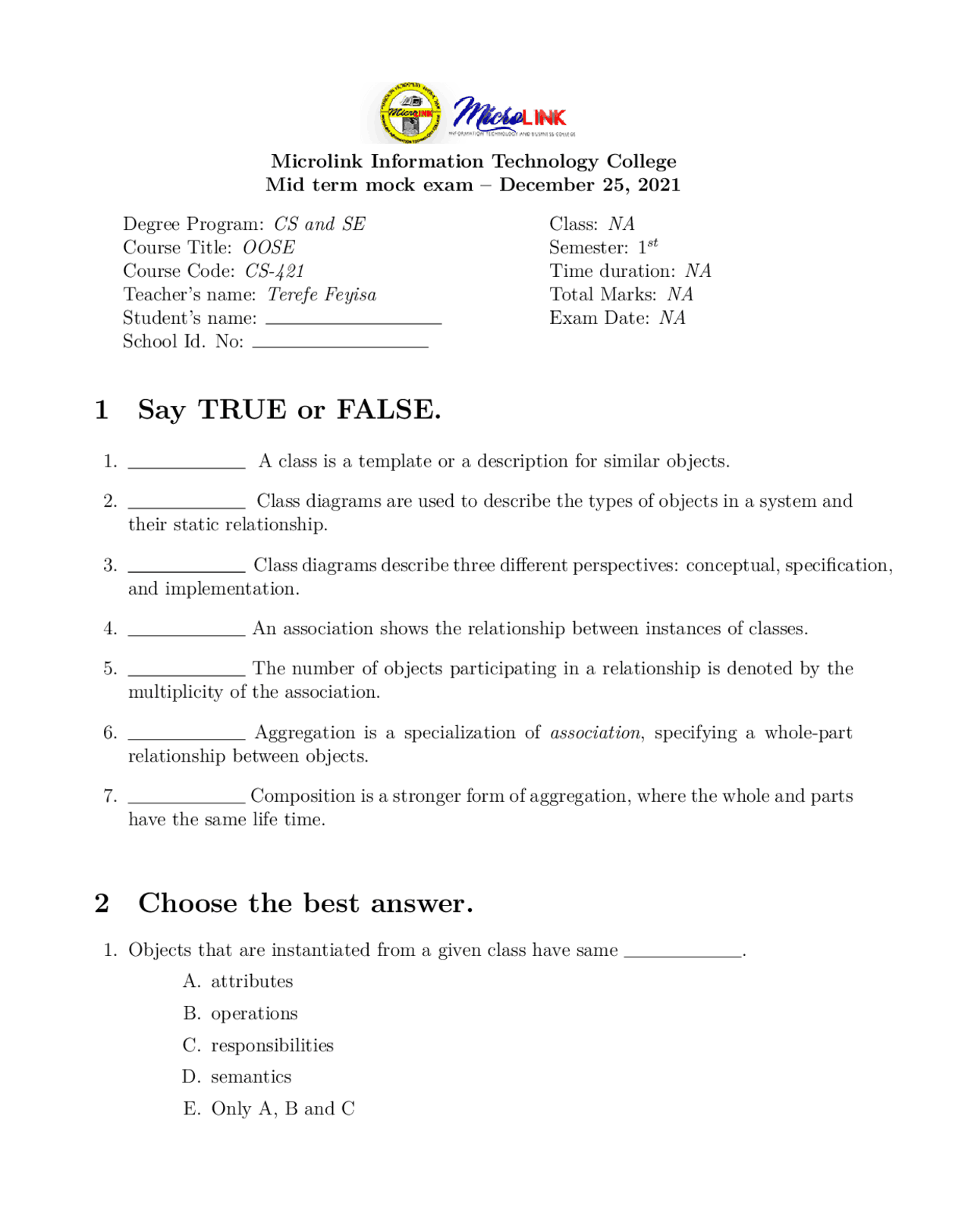 Mock Exam Ii Class Diagram Questionspdf Exams Object Oriented