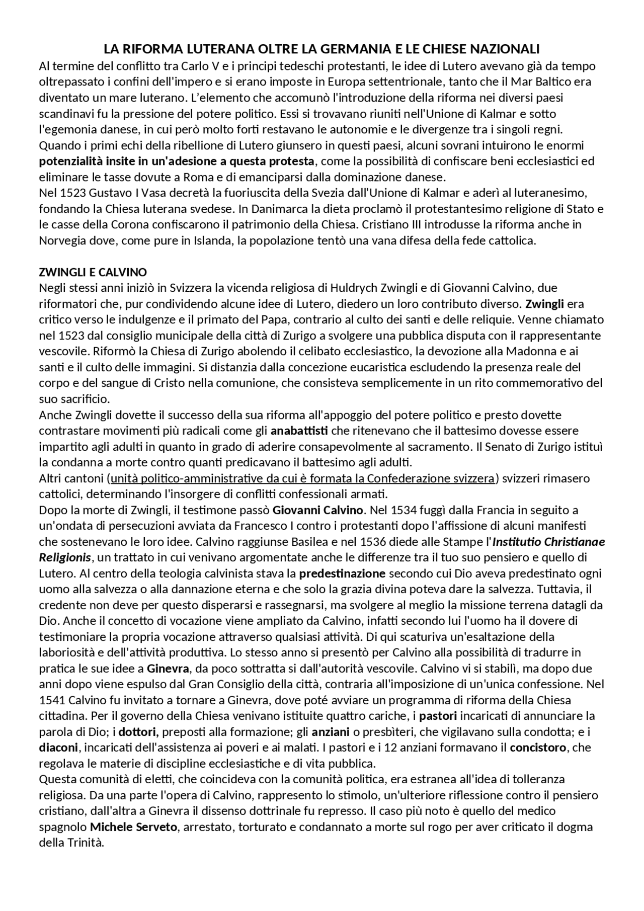 Riforma luterana, Calvino, scisma anglicano | Appunti di Storia | Docsity