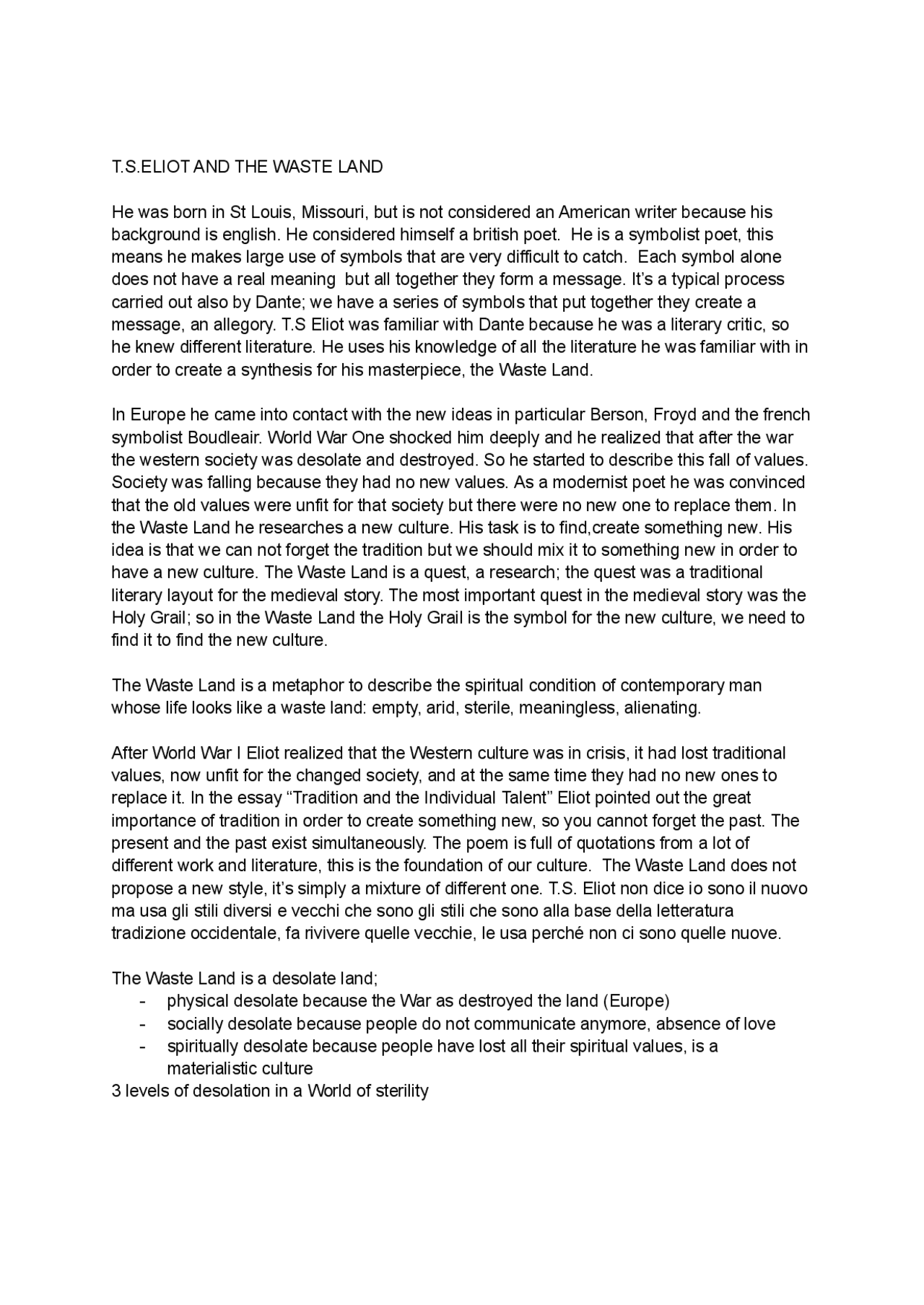 T.S Eliot and the Wasteland - Docsity