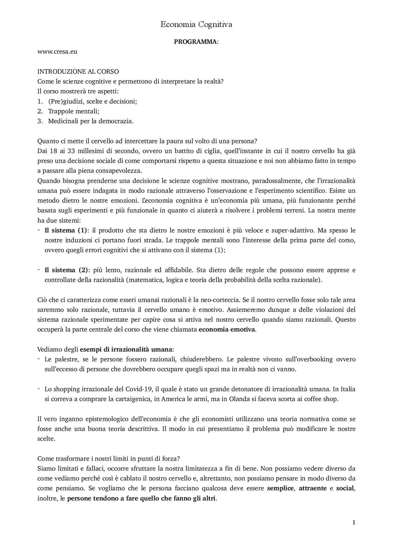 Economia Cognitiva Appunti Docsity