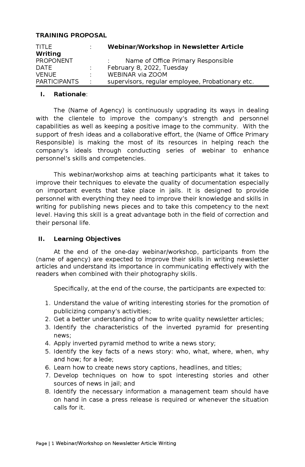 Example Training Proposal for Webinar/Workshop in Newsletter Article ...