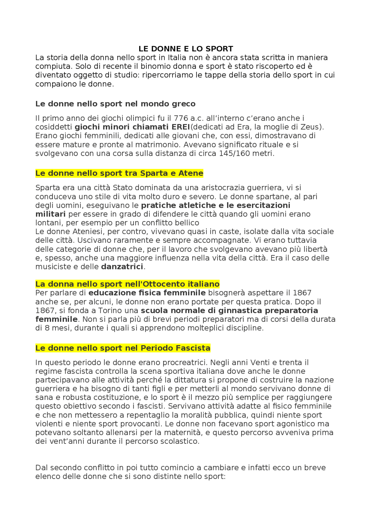 LE DONNE E LO SPORT: conquiste femminili - Docsity
