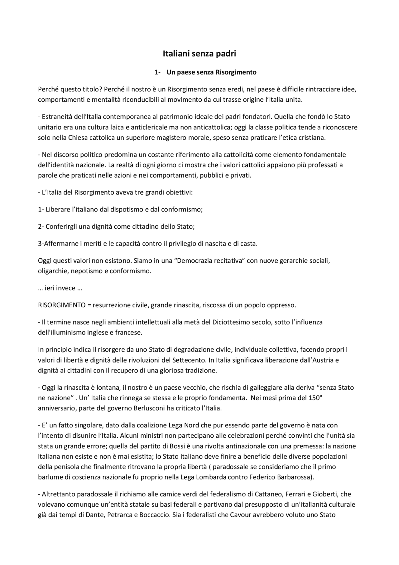 Riassunto Italiani senza padri. Intervista sul Risorgimento - Emilio Gentile - Docsity
