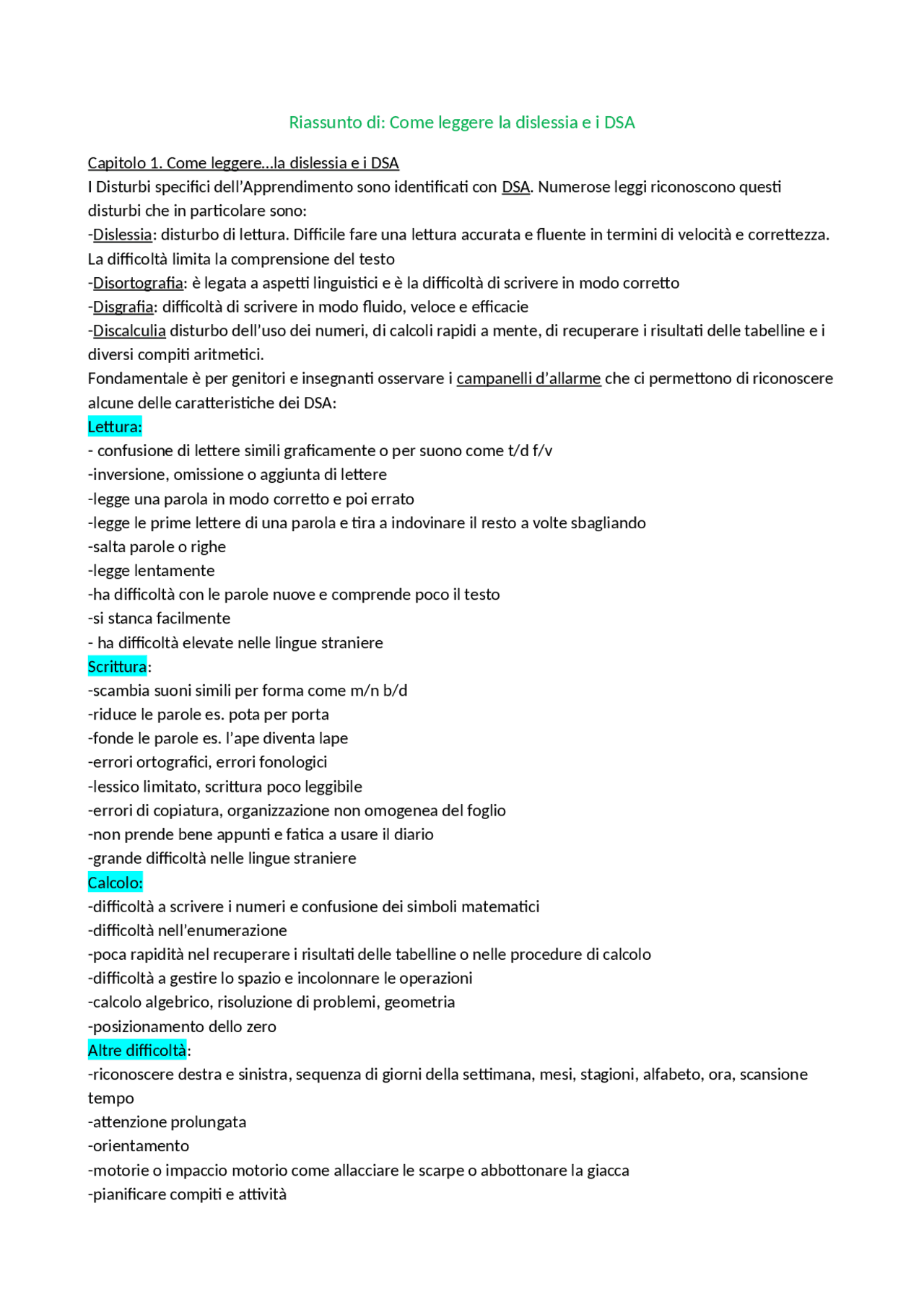 Riassunto Di La Dislessia E I Dsa Docsity