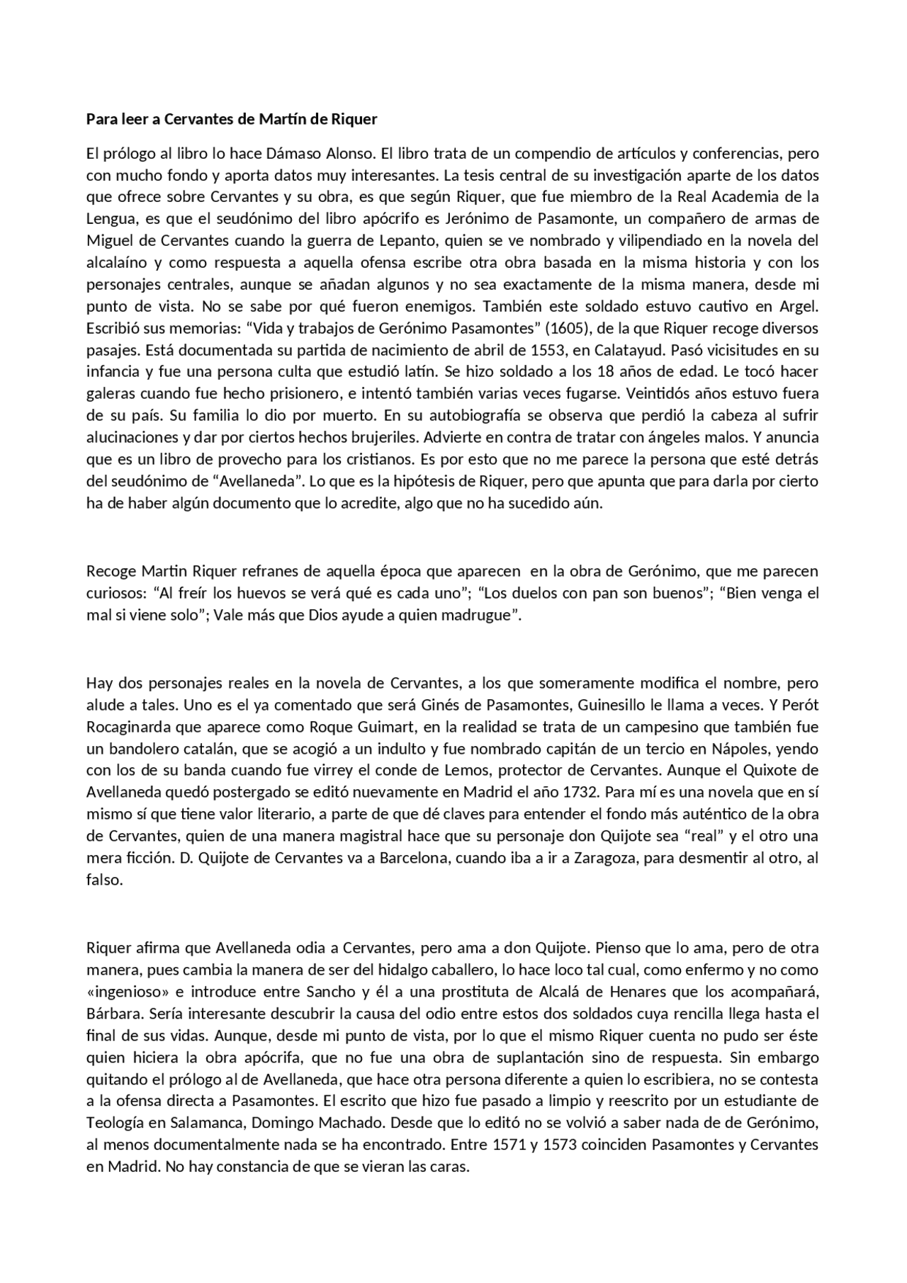 Para Leer A Cervantes De Martín De Riquer Docsity