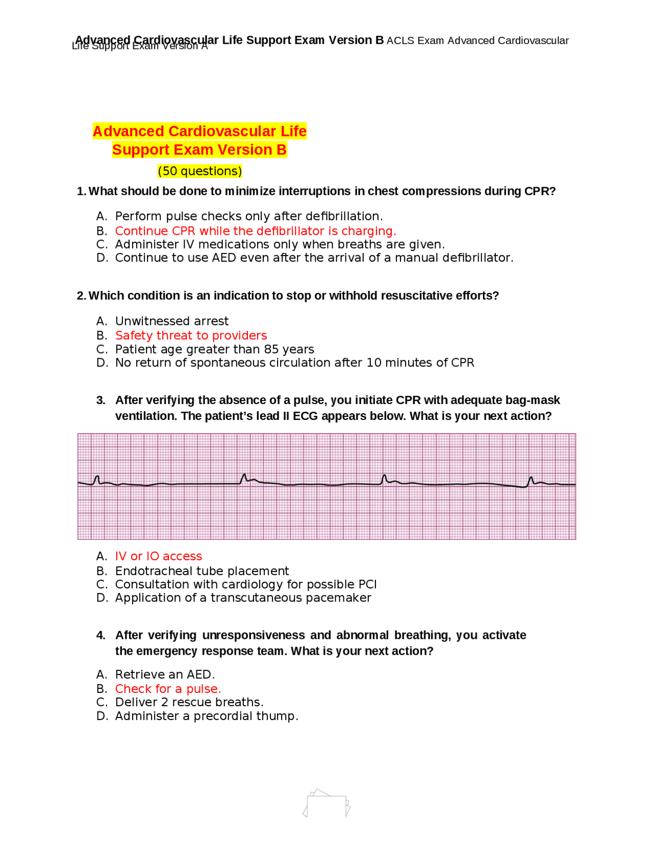 ACLS Exam Advanced Cardiovascular Life Support Exam Version B - Docsity