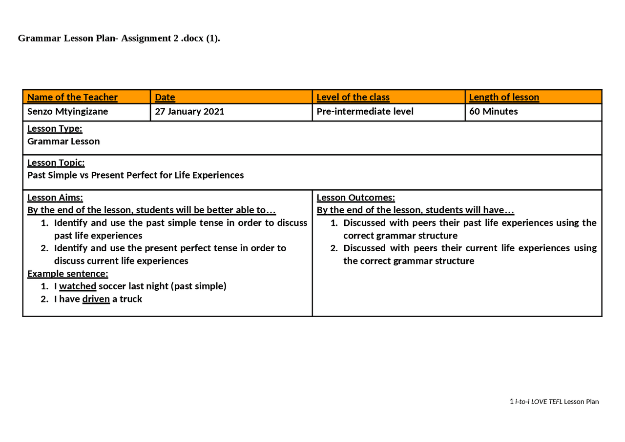 AGE 31Grammar Lesson Plan- Assignment 2 .docx (1). | Assignments ...