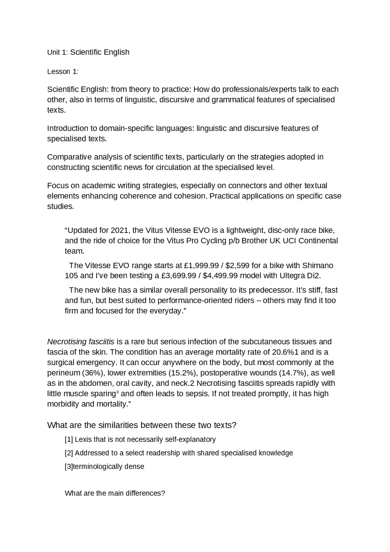 Scientific English: from theory to practice (Unit 1-Lesson 1) - Docsity