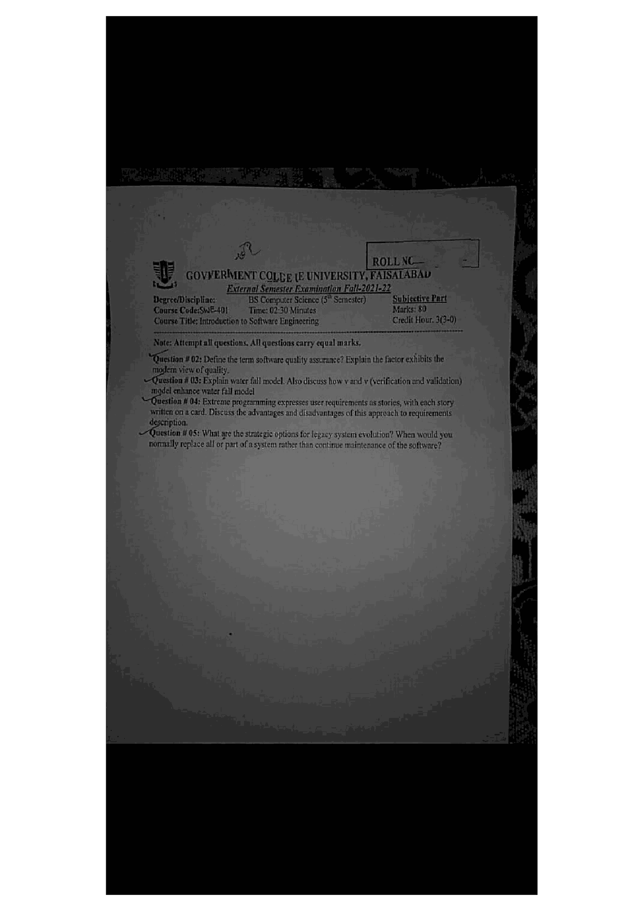 GCUF - Past Paper - Introduction to Software Engineering -Examination ...