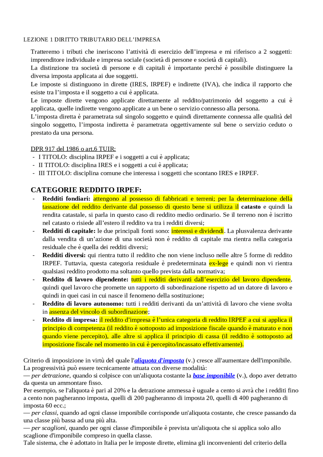 Appunti riassuntivi di Diritto Tributario prof Zanotti - Docsity Appunti riassuntivi di Diritto Tributario prof Zanotti - Docsity