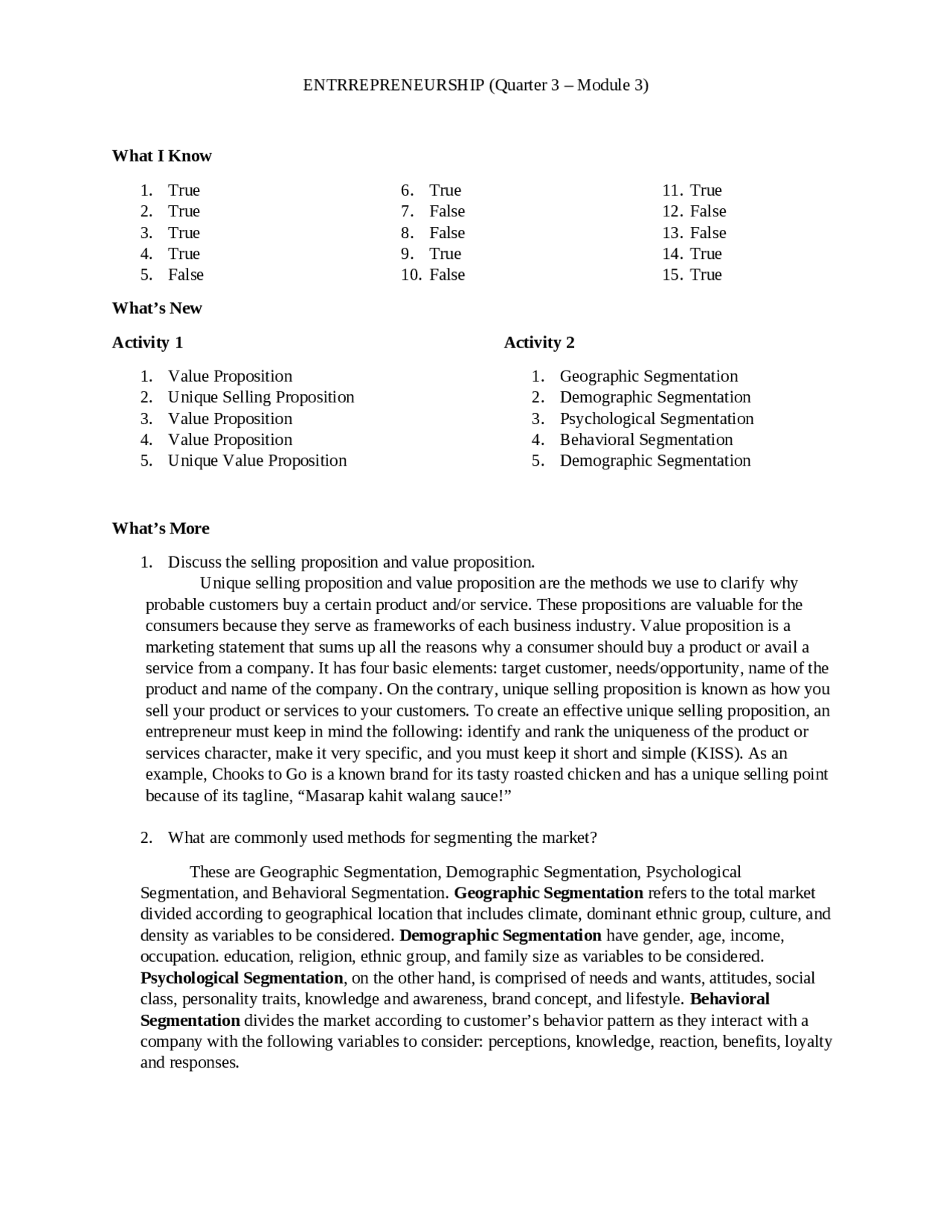 Entrepreneurship tasks - Docsity