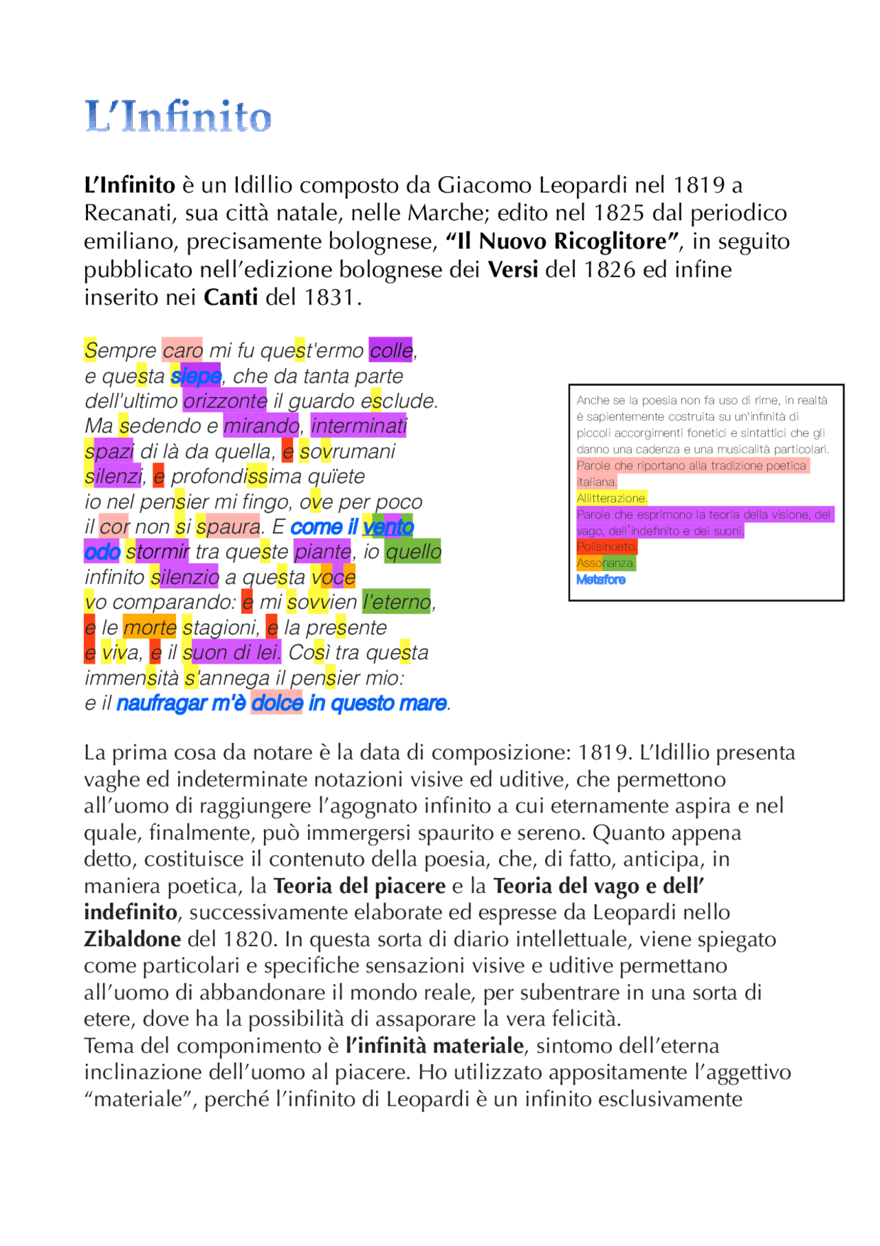 Analisi dettagliata de "L'Infinito" di Giacomo Leopardi - Docsity