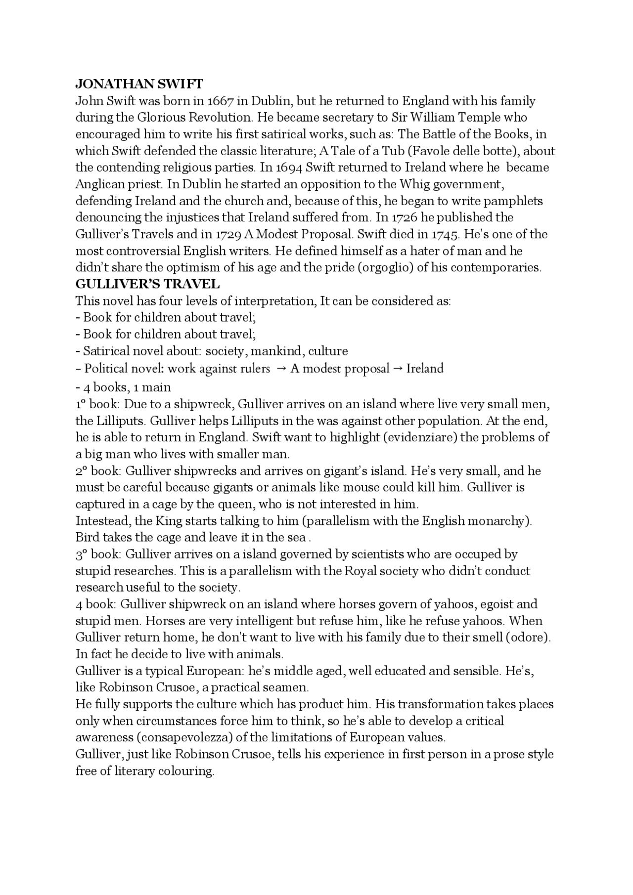 Jonathan Swift E Gullivers Travel Docsity