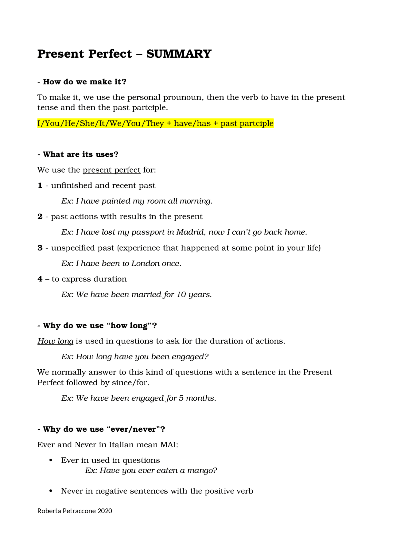 Present Perfect: form and use - Docsity