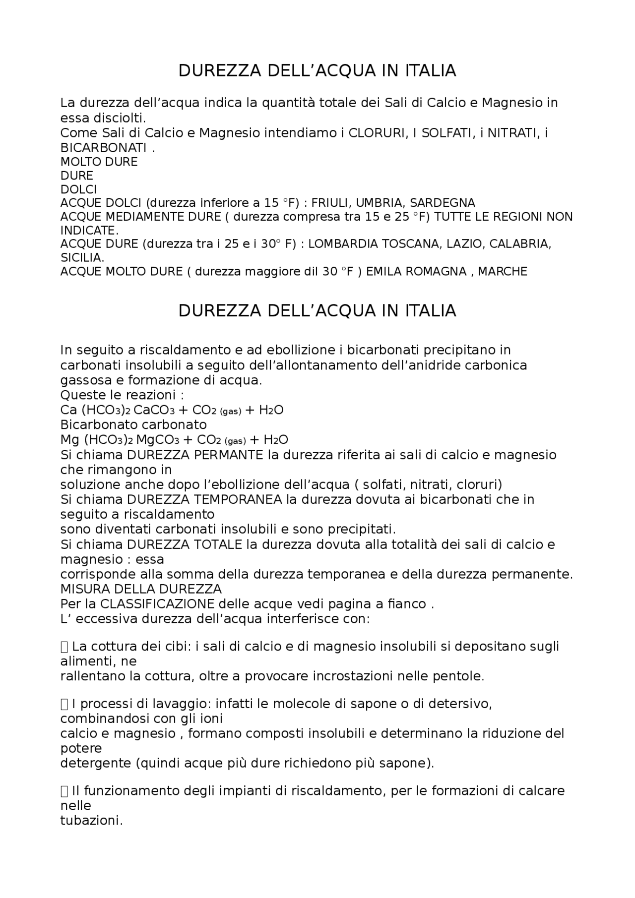 La durezza dell'acqua - in Italia - Docsity