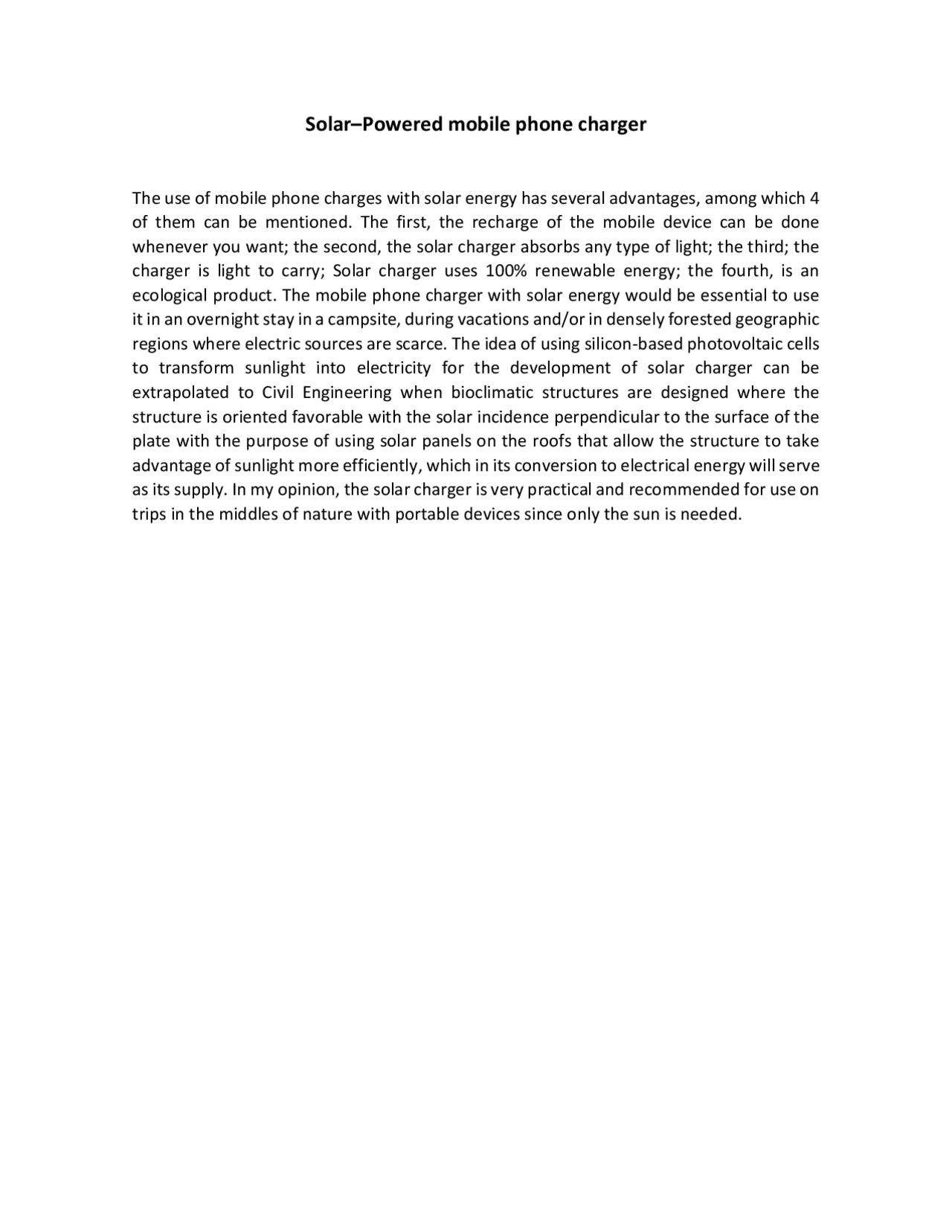 UNAL Invention - Solar–Powered mobile phone charger - Docsity