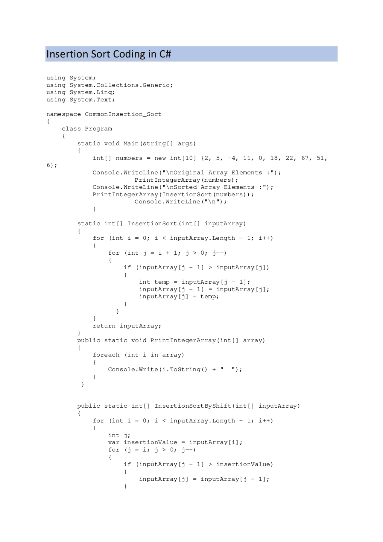 Insertion Sort Coding Docsity