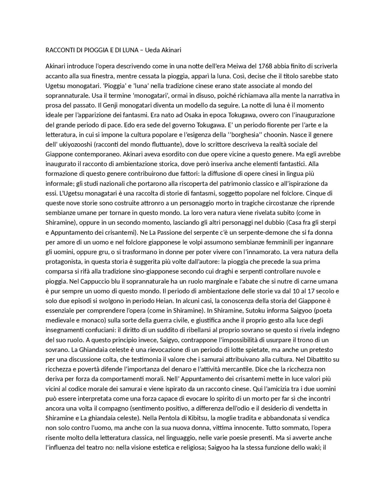 RACCONTI DI PIOGGIA E DI LUNA – Ueda Akinari - Docsity