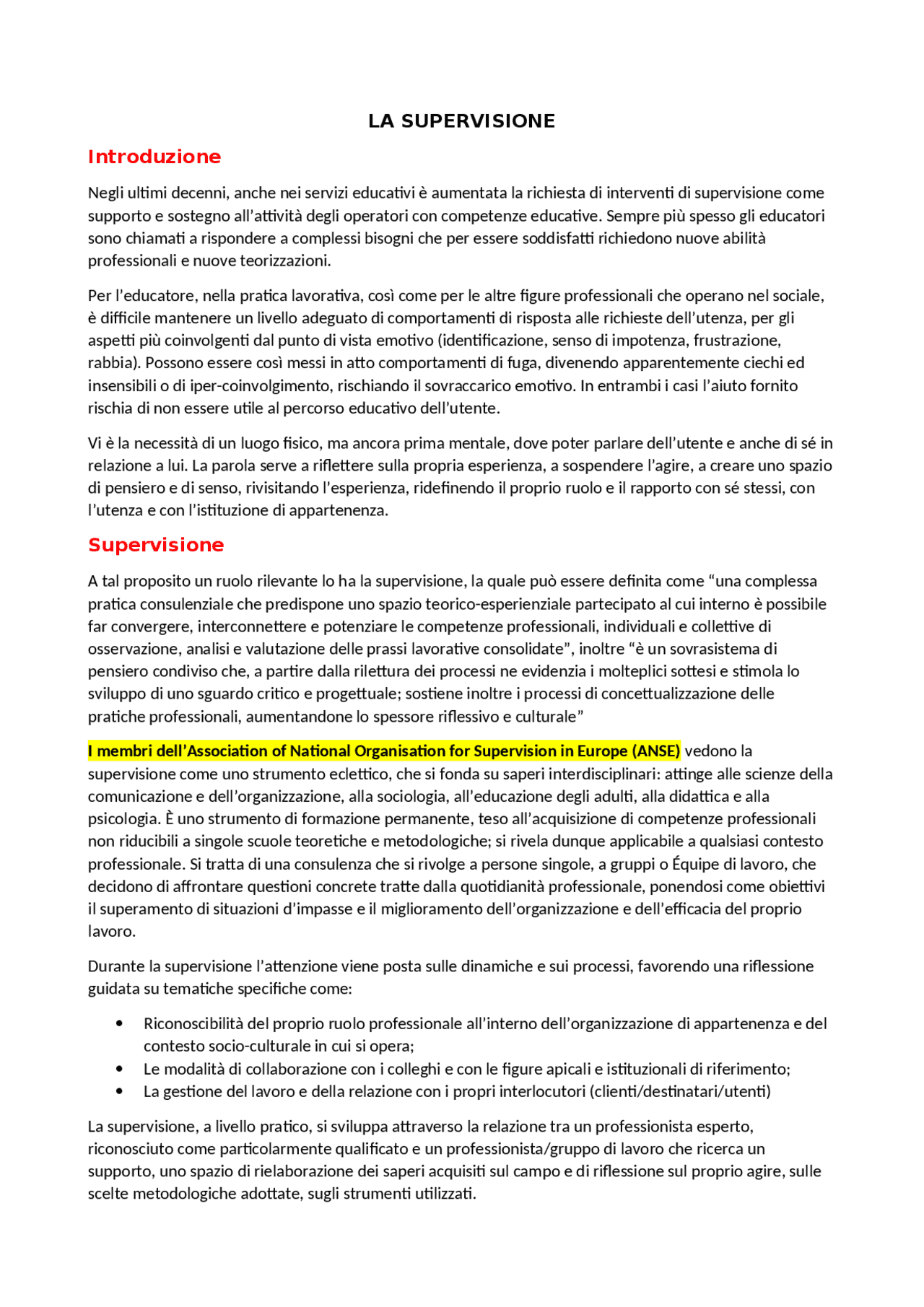 Approfondimento Sulla Supervisione Docsity