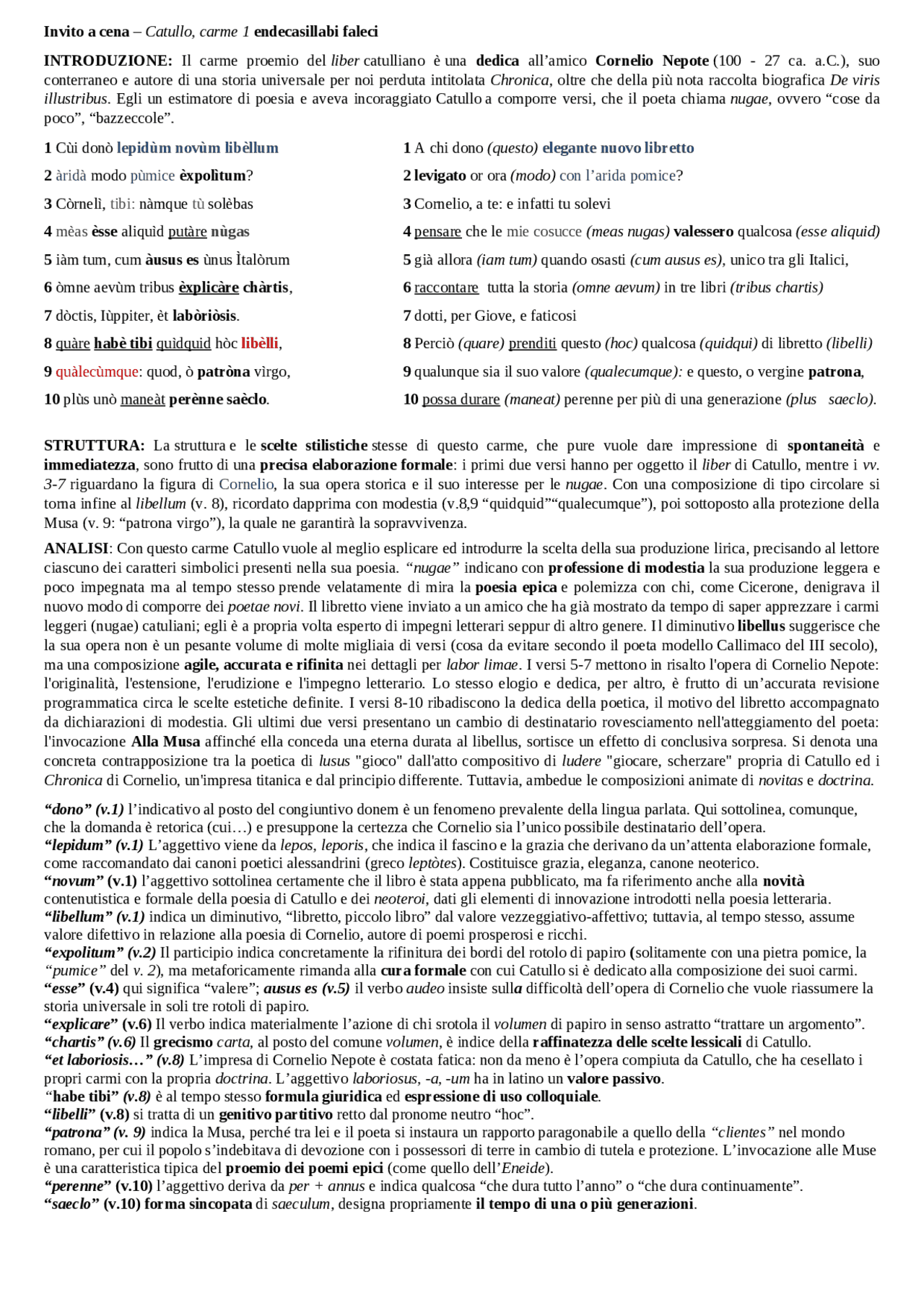 Carme 1 Catullo Un Libricino Per Cornelio Appunti Di Latino Docsity
