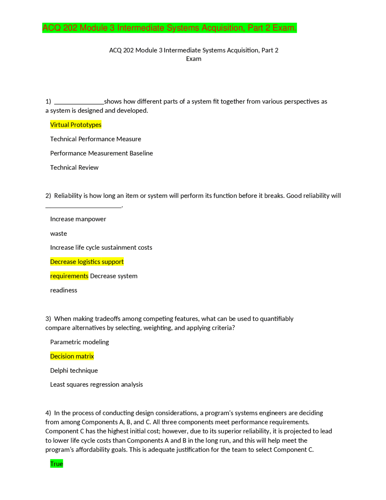 ACQ 202 Module 3 Intermediate Systems Acquisition, Part 2 Exam. - Docsity
