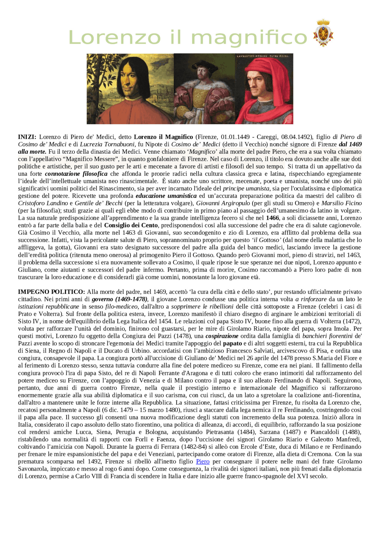 Lorenzo Il Magnifico De Medici Docsity