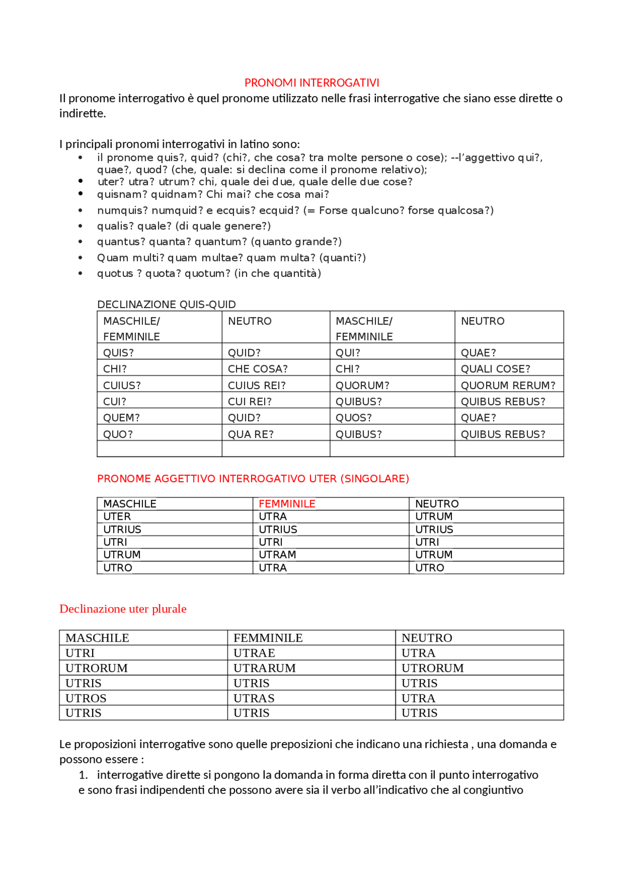 Pronomi interrogativi per latino - Docsity