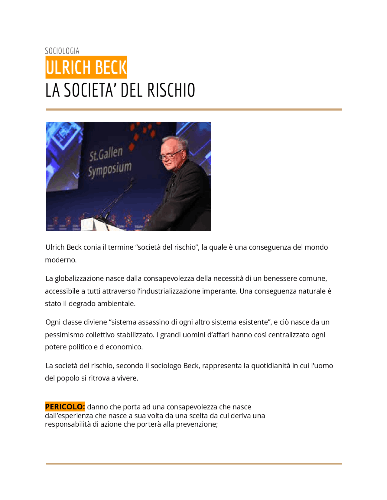 Ulrich Beck: la società del rischio - Docsity