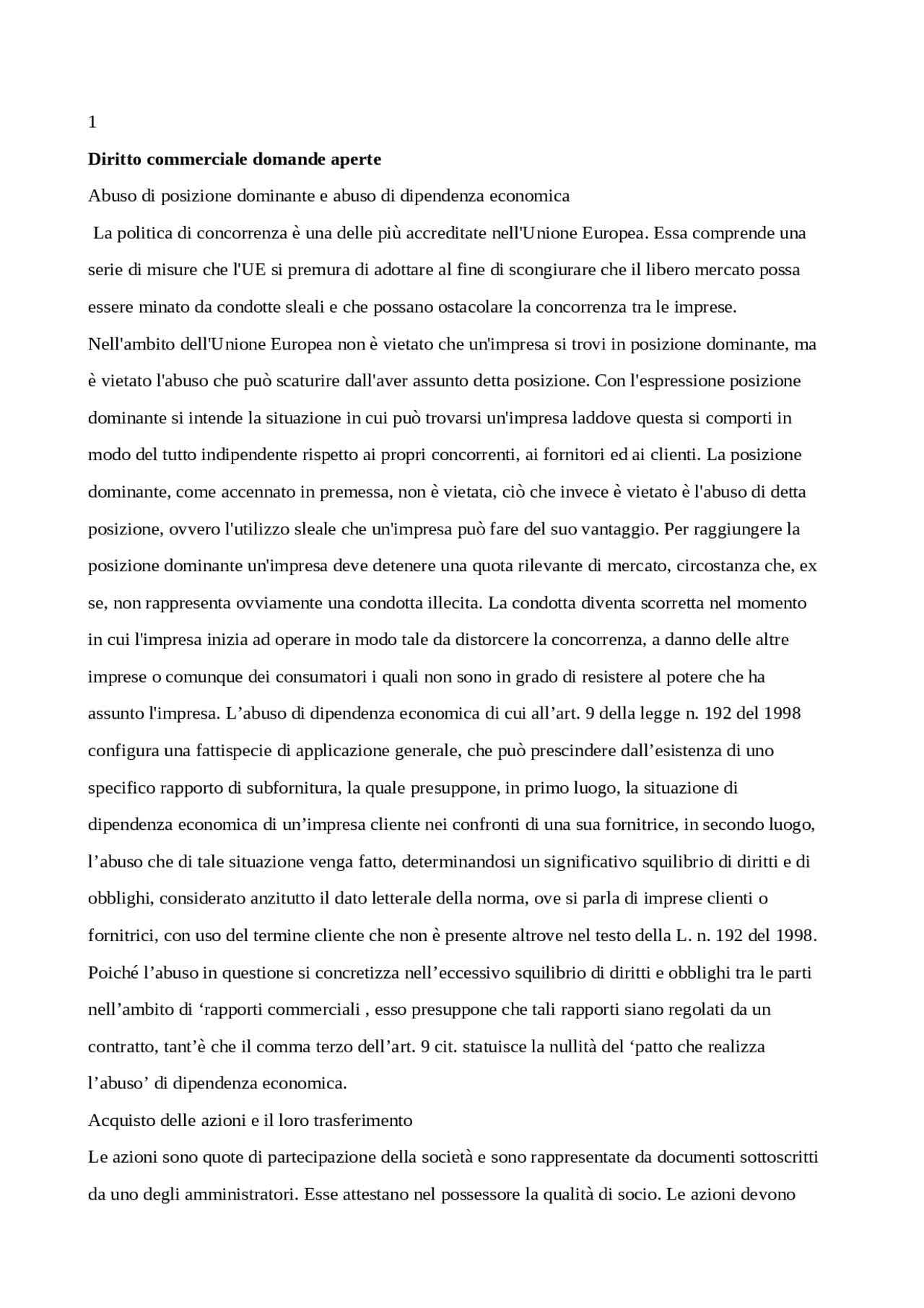 Paniere delle aperte di diritto commerciale Prof. Corcioni - Docsity