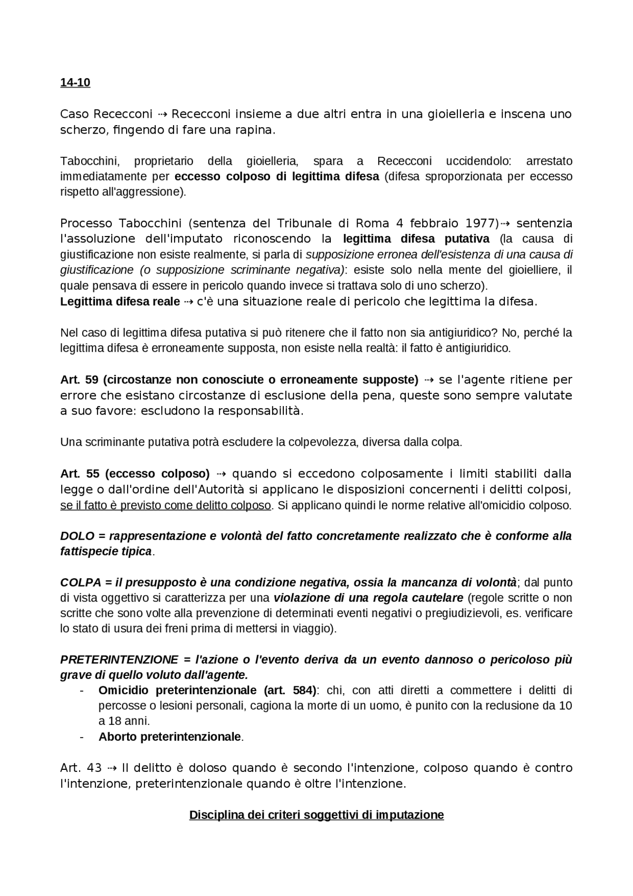 Diritto penale, riassunto lezione - Docsity