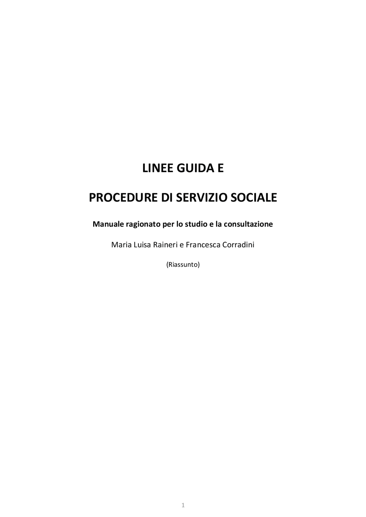 Riassunto Linee Guida E Procedure Di Servizio Sociale M Ranieri
