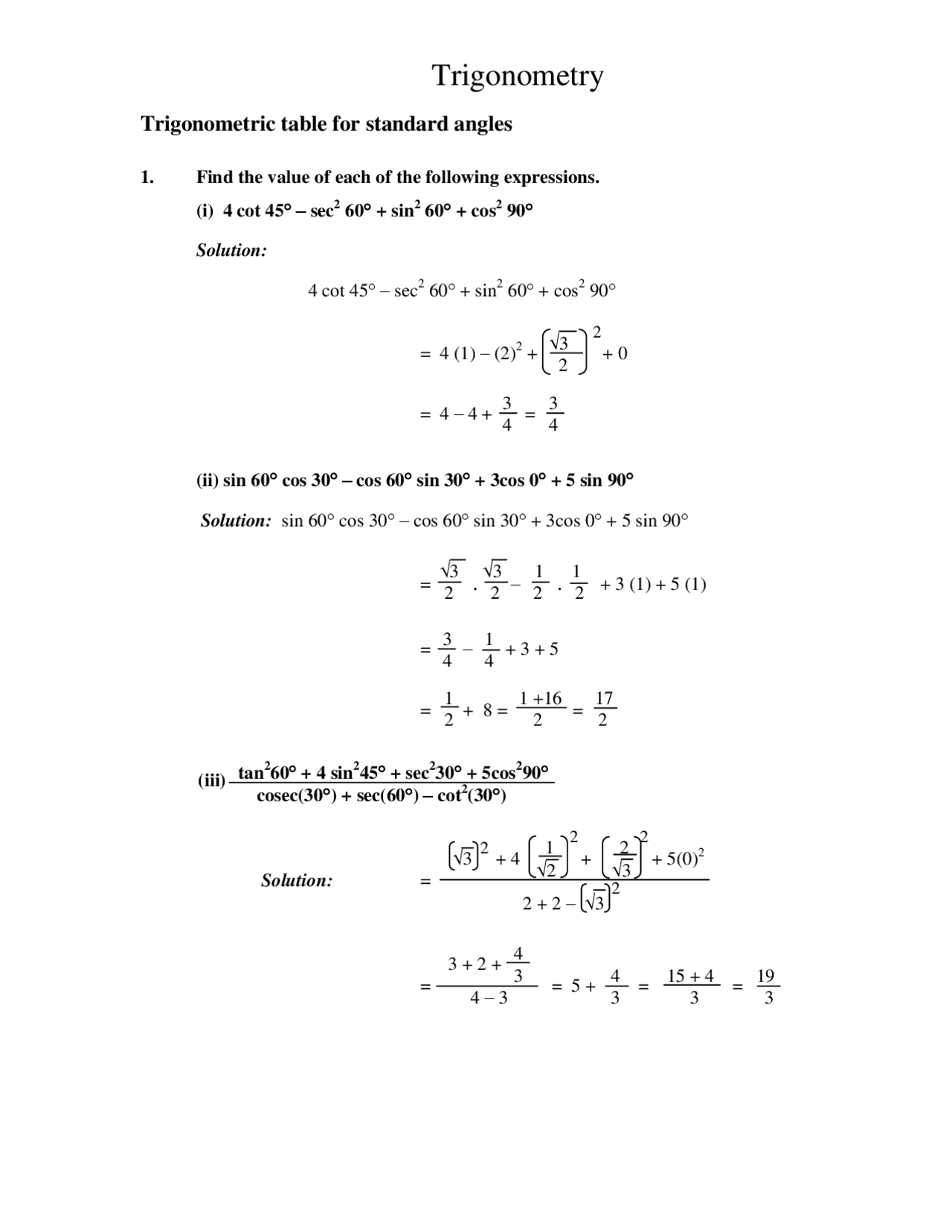 Trigonometric table for standard angles | Exercises Mathematics | Docsity