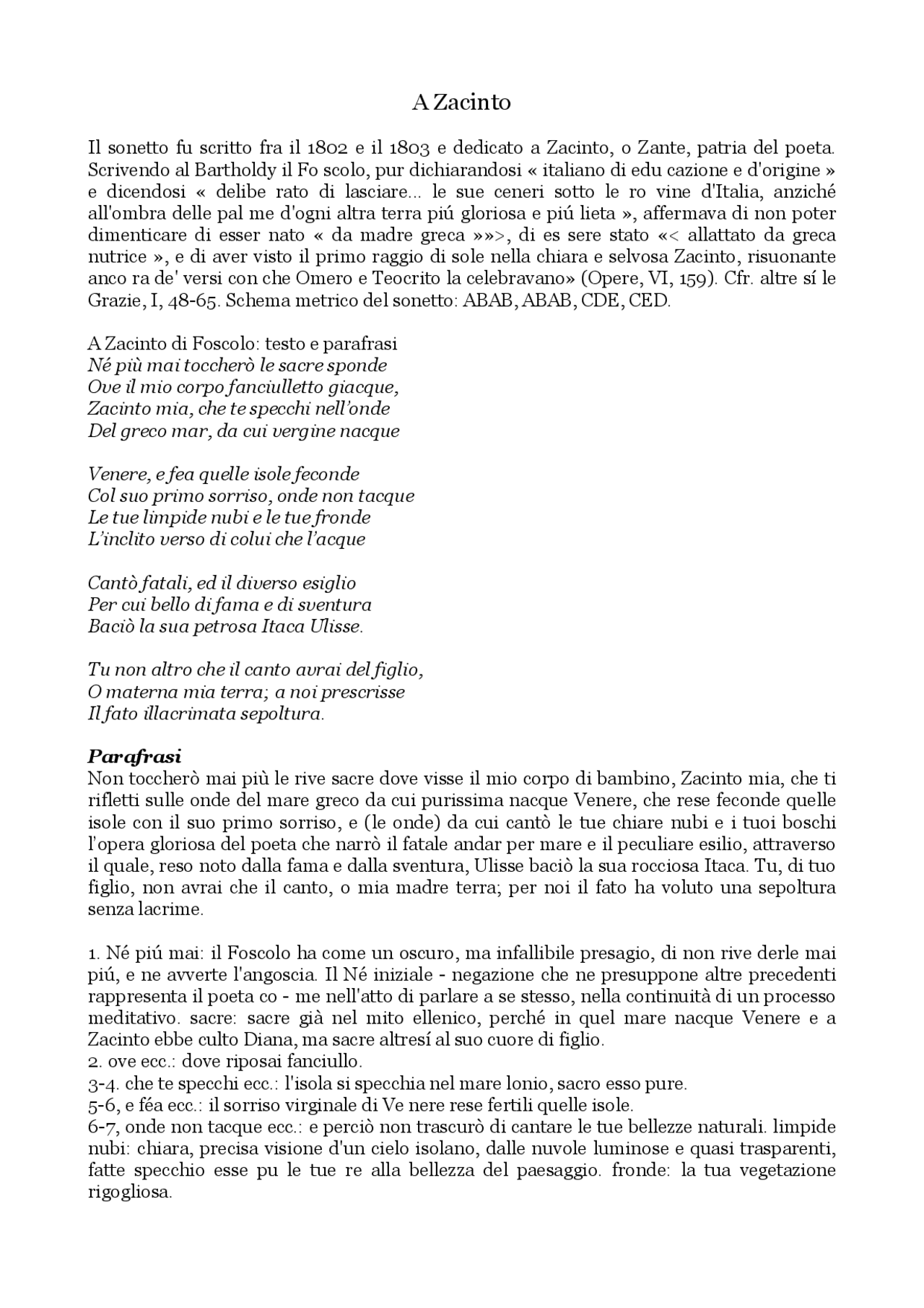 A Zacinto Ugo Foscolo Docsity