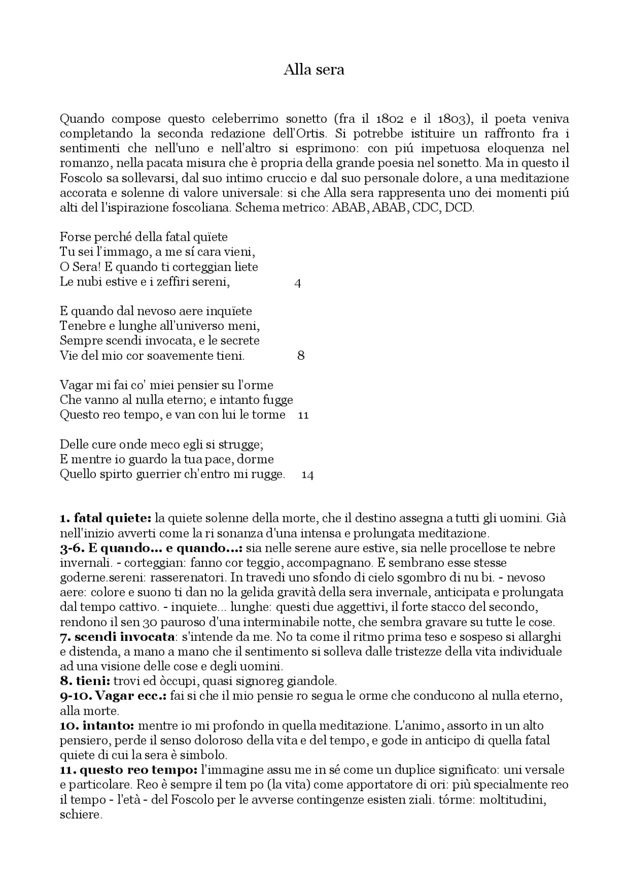 Alla Sera Ugo Foscolo Docsity