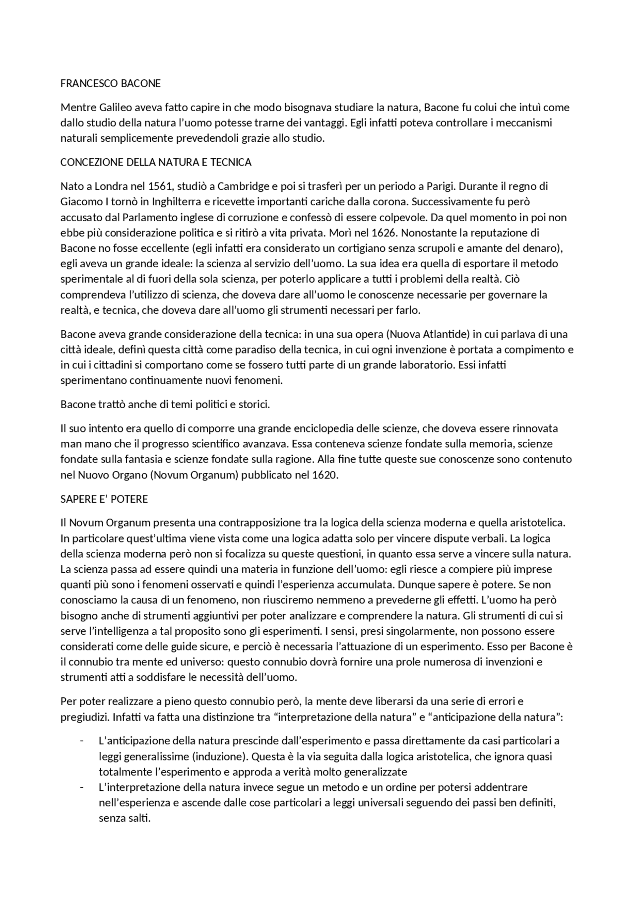 Riassunto Su Francesco Bacone Docsity