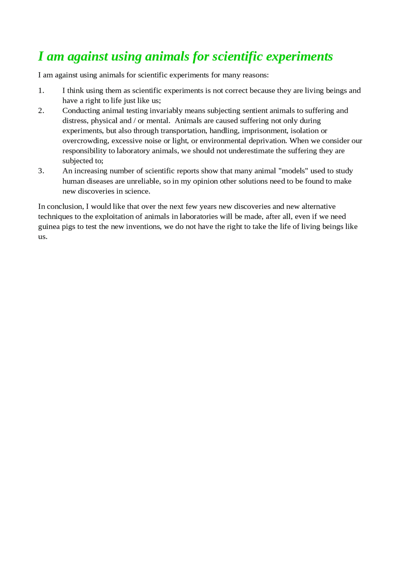 I am against using animals for scientific experiments - Docsity