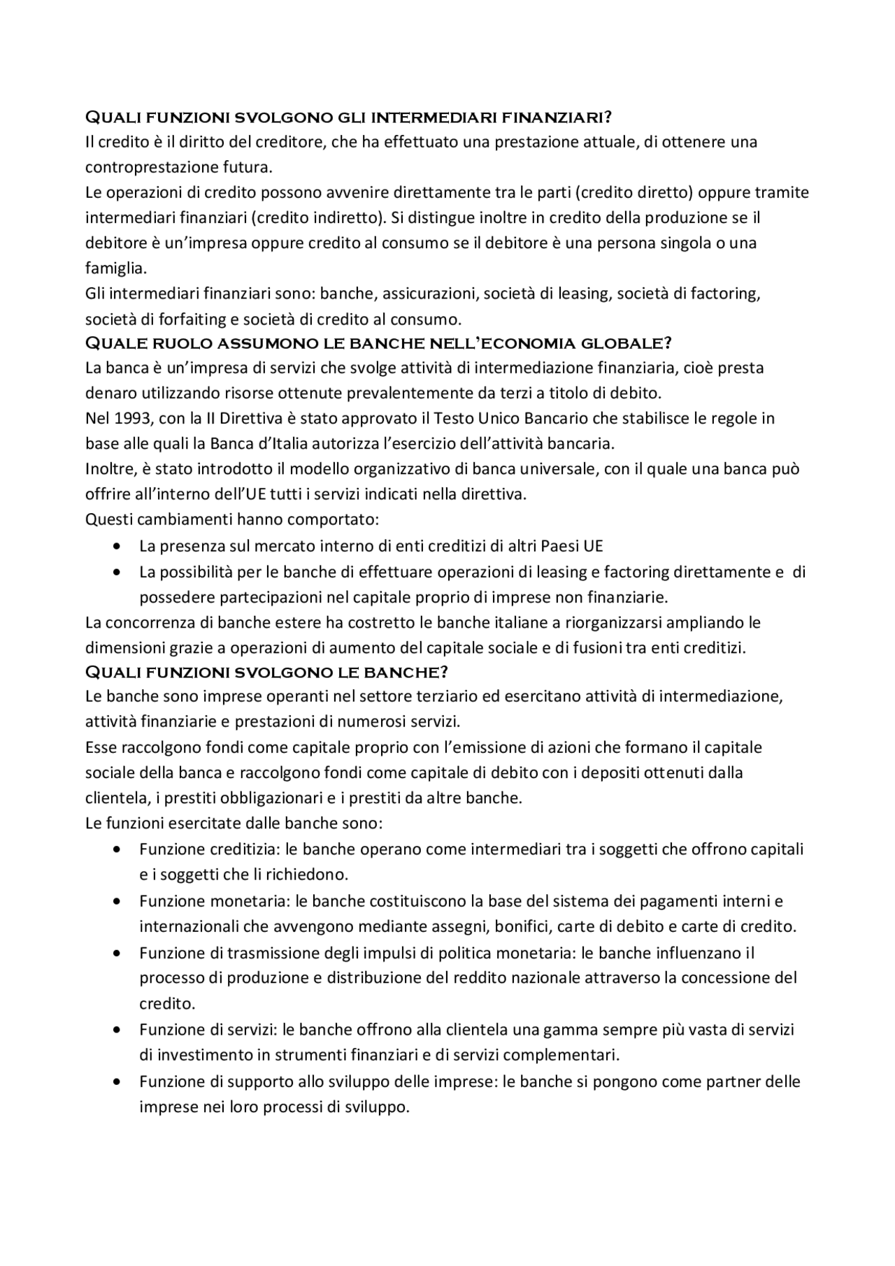 Le Banche Funzioni E Operazioni Docsity