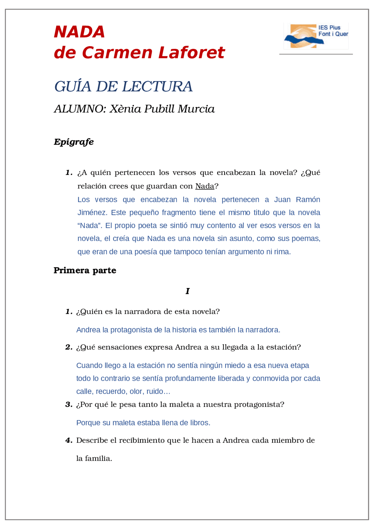 Primera guía de lectura de Nada | Exámenes de Lengua y Literatura | Docsity
