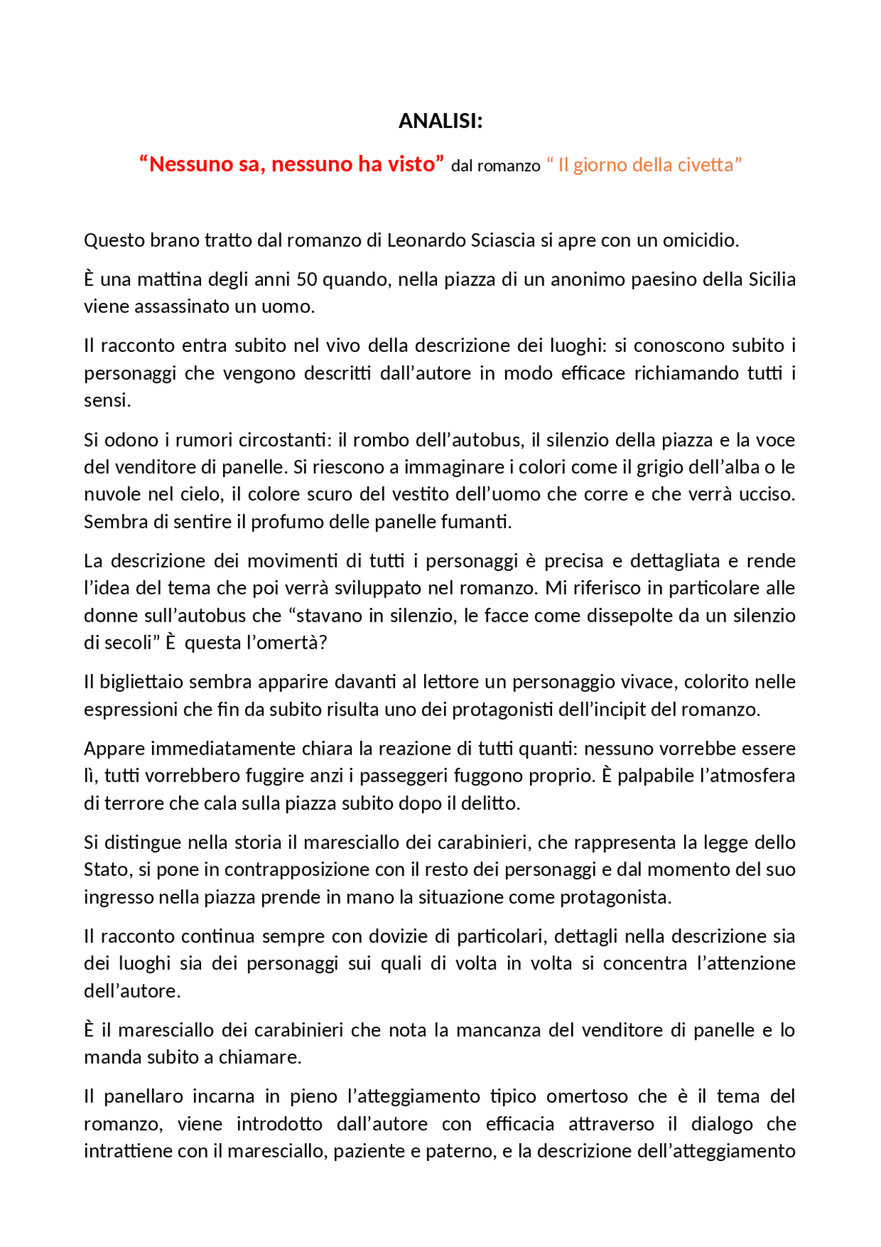 Analisi Brano Tratto Dal Romanzo Il Giorno Della Civetta Docsity