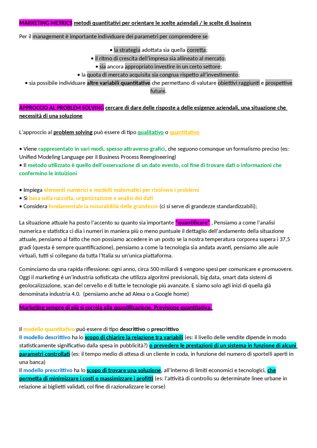 Marketing Metrics Appunti Della Lezione Docsity